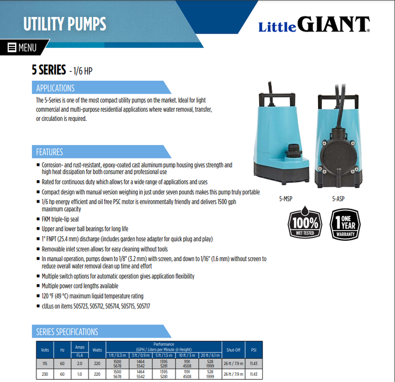 Bomba Sumergible Little Giant 5-msp 110V 505501 — Pulsar Water